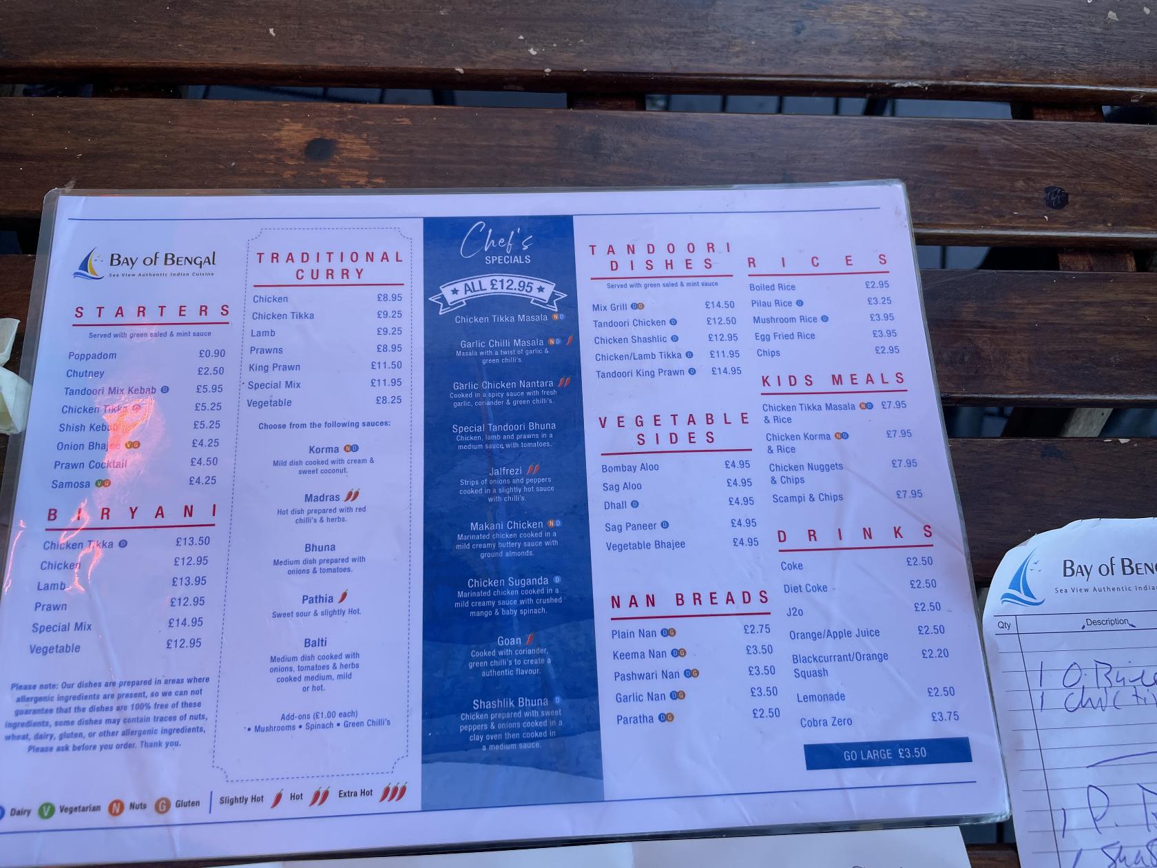 Menu at The Bay Of Bengal restaurant, Tenby