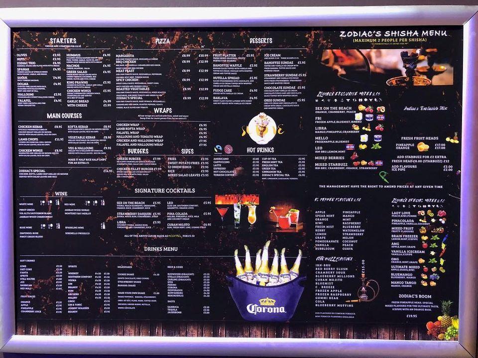 Menu at Zodiac Shisha Lounge pub & bar, Liverpool