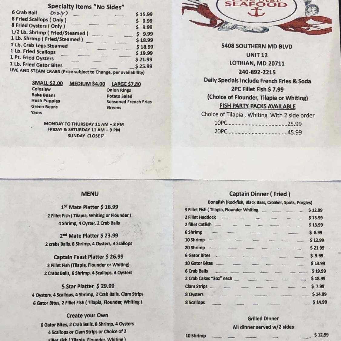 Menu at Five Star Seafood carry out restaurant, USA