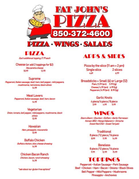 Menu at Fat John's Pizza pizzeria, Marianna