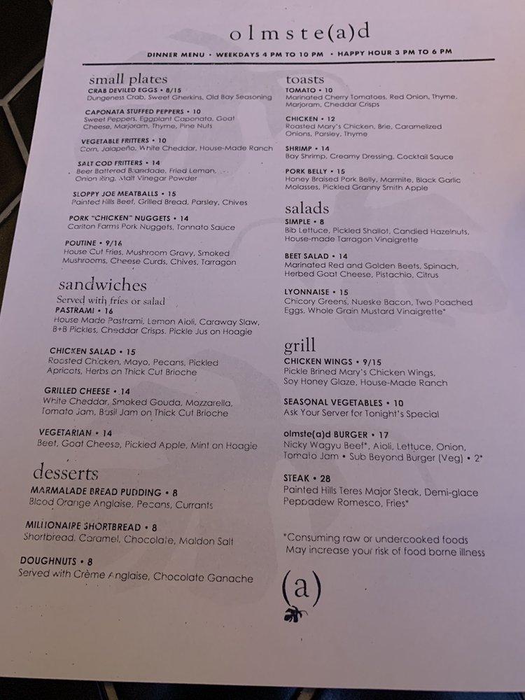 Menu at Olmstead pub & bar, Seattle