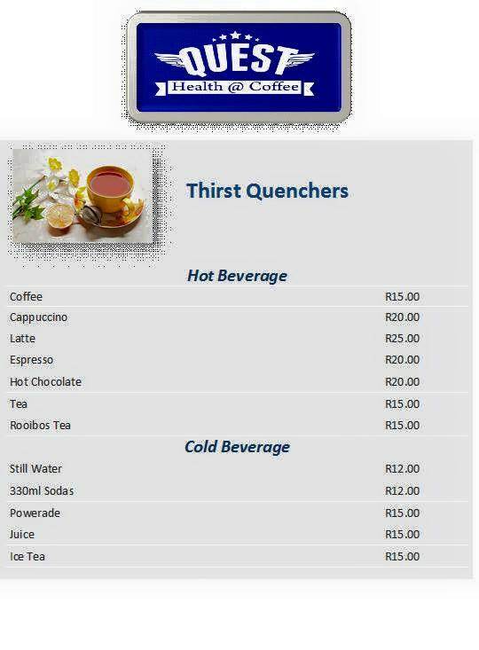 Menu at Quest Health at Coffee restaurant, Bloemfontein