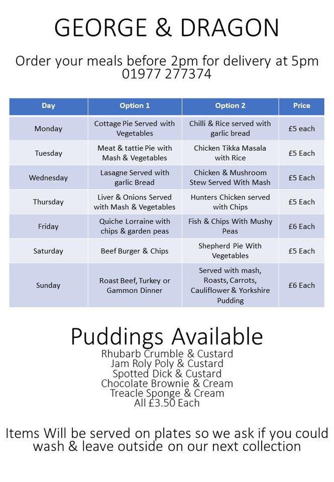 Menu at The George & Dragon pub & bar, Whitley, Doncaster Road