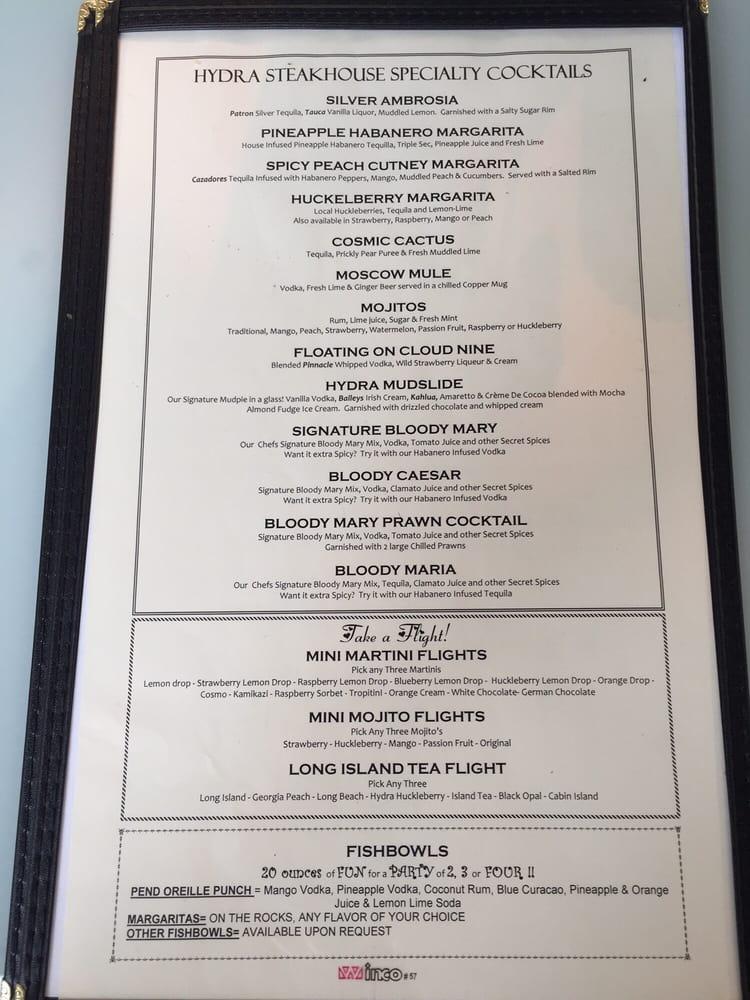 Carta de The Hydra Steakhouse, Sandpoint