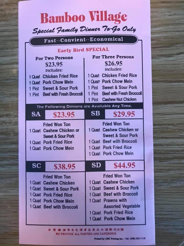 Menu at Bamboo Village Restaurant, Gilroy