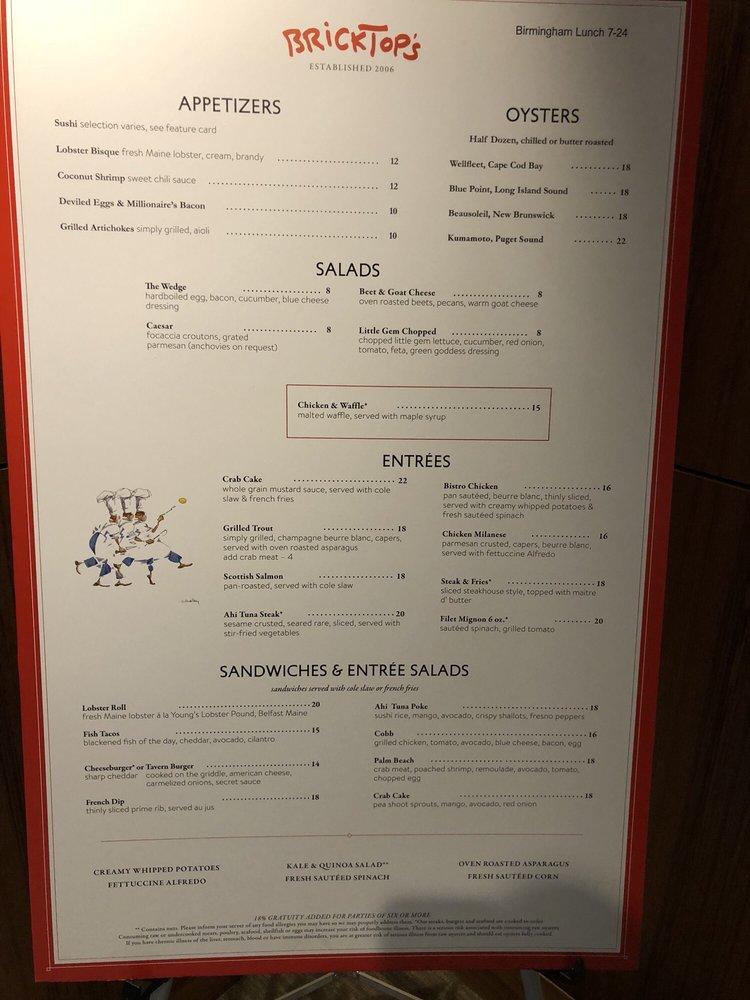 Menu at Bricktop's pub & bar, Birmingham