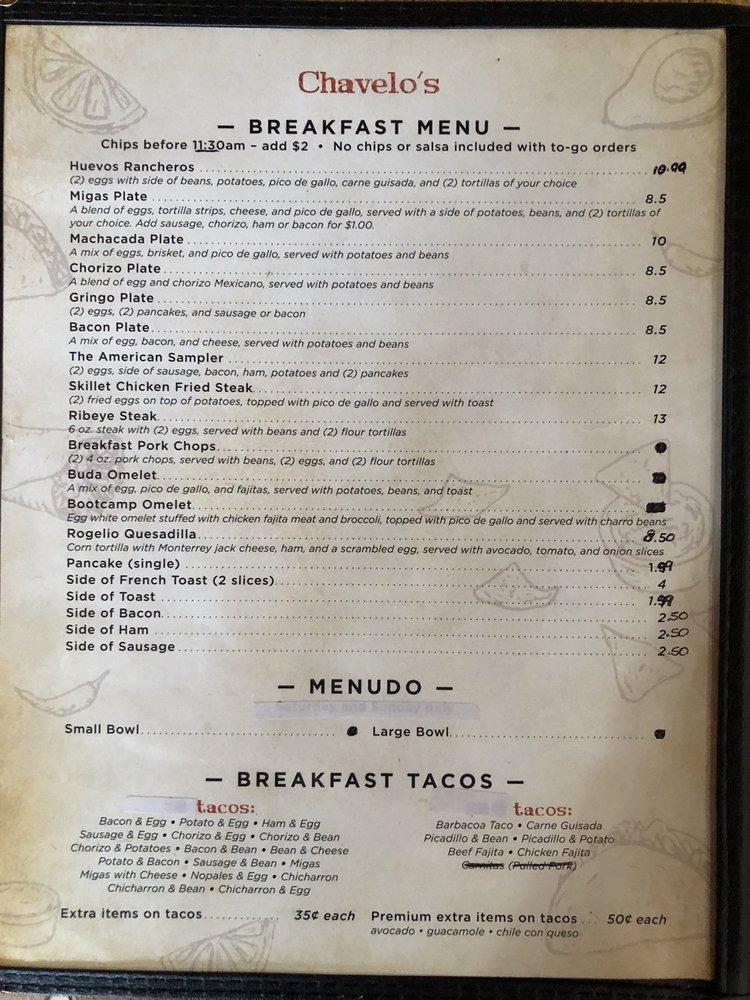 Menu at Chavelo's Mexican Restaurant, Buda