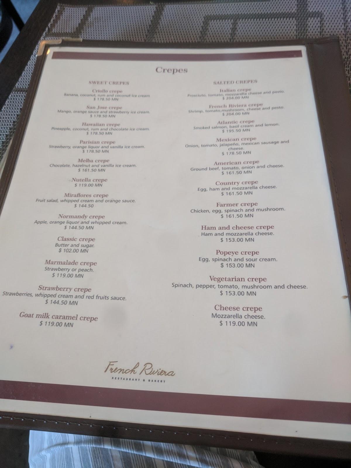 Menu at French Riviera bakery, San José del Cabo