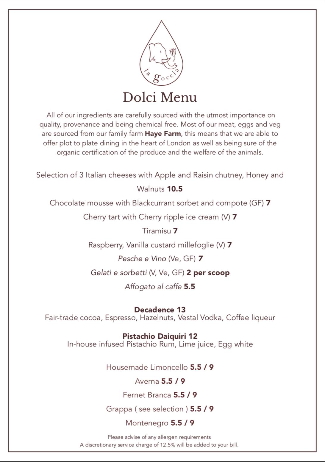 Menu at La Goccia, Italian Restaurant in Covent Garden, London, 1 Floral St
