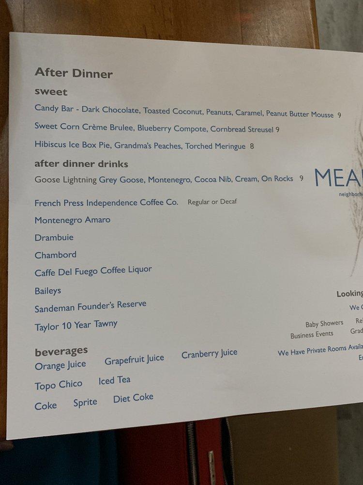 Menu at Meadow Neighborhood Eatery + Bar, San Antonio