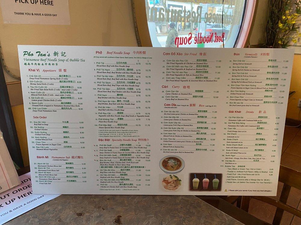 Menu at Pho Tan Vietnamese Restaurant Beef Noodle Soup & Bubble Tea ...