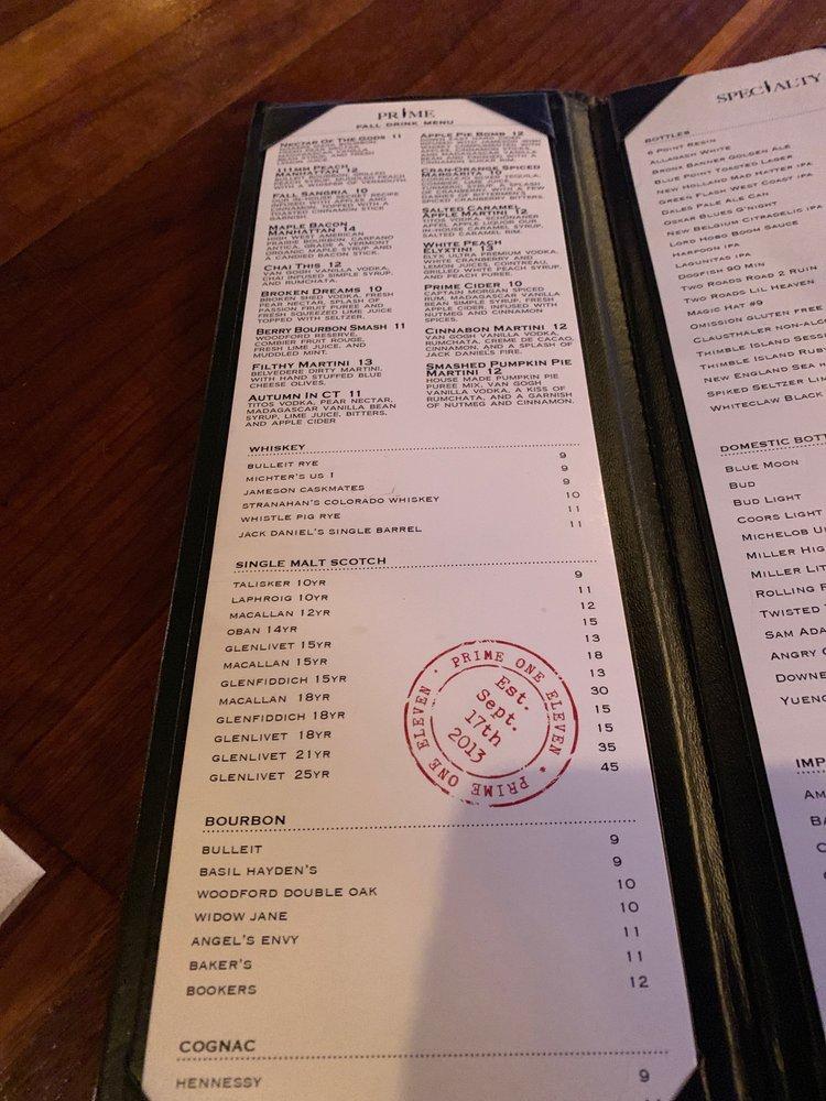 Menu at Prime One Eleven pub & bar, Trumbull