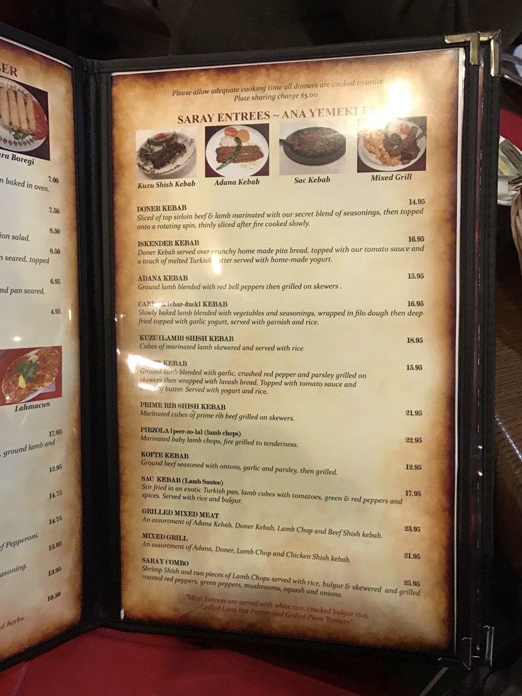Menu at Saray II Turkish Restaurant, Springfield