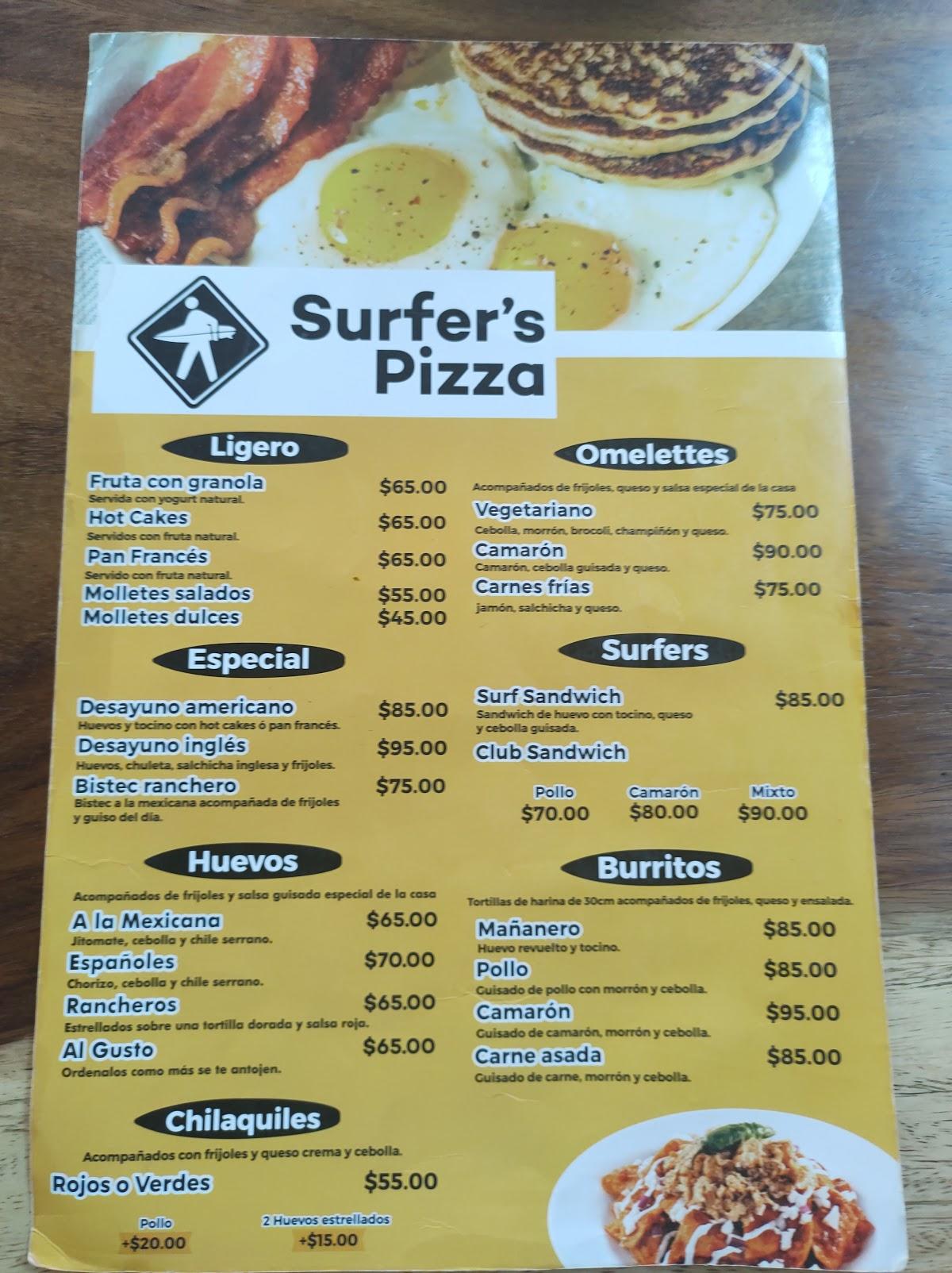 Carta de pizzería Surfers Pizza, Chacala