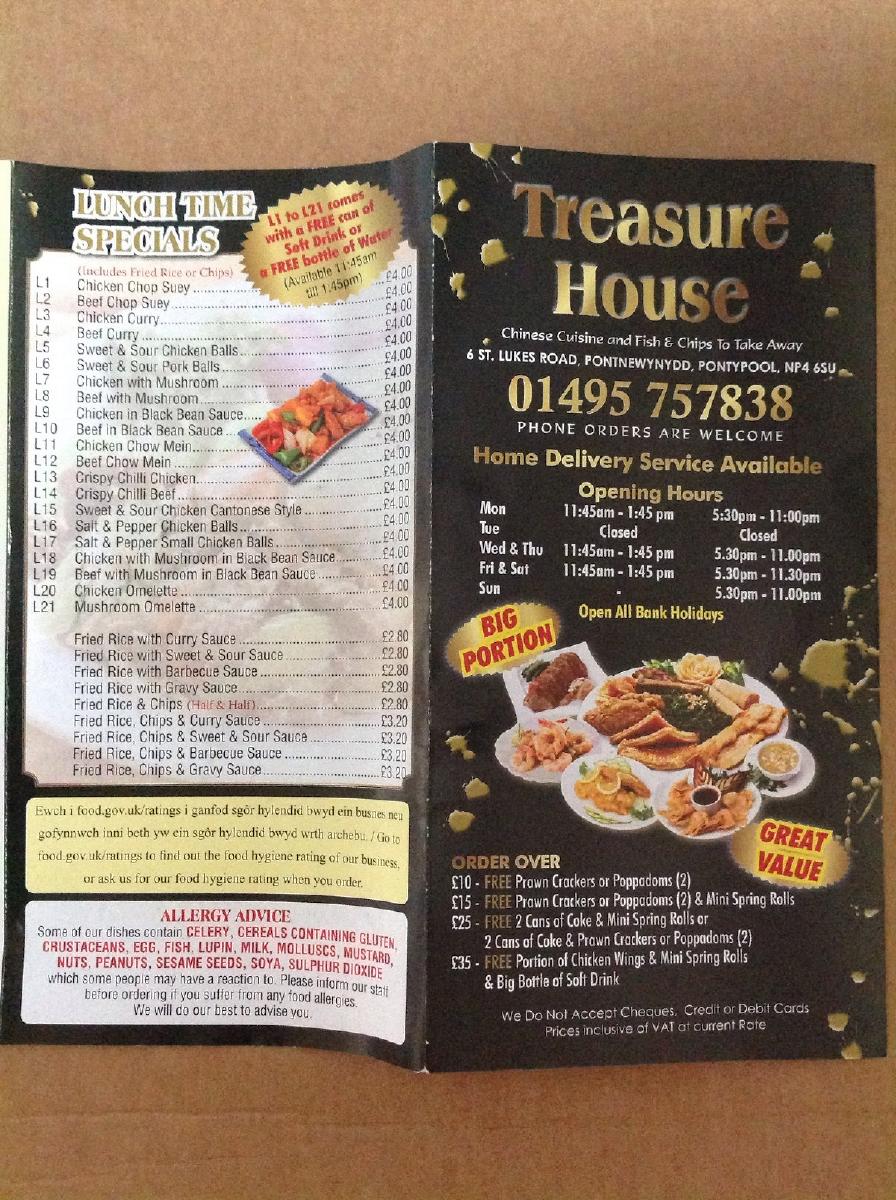 Menu at Treasure House, Pontypool