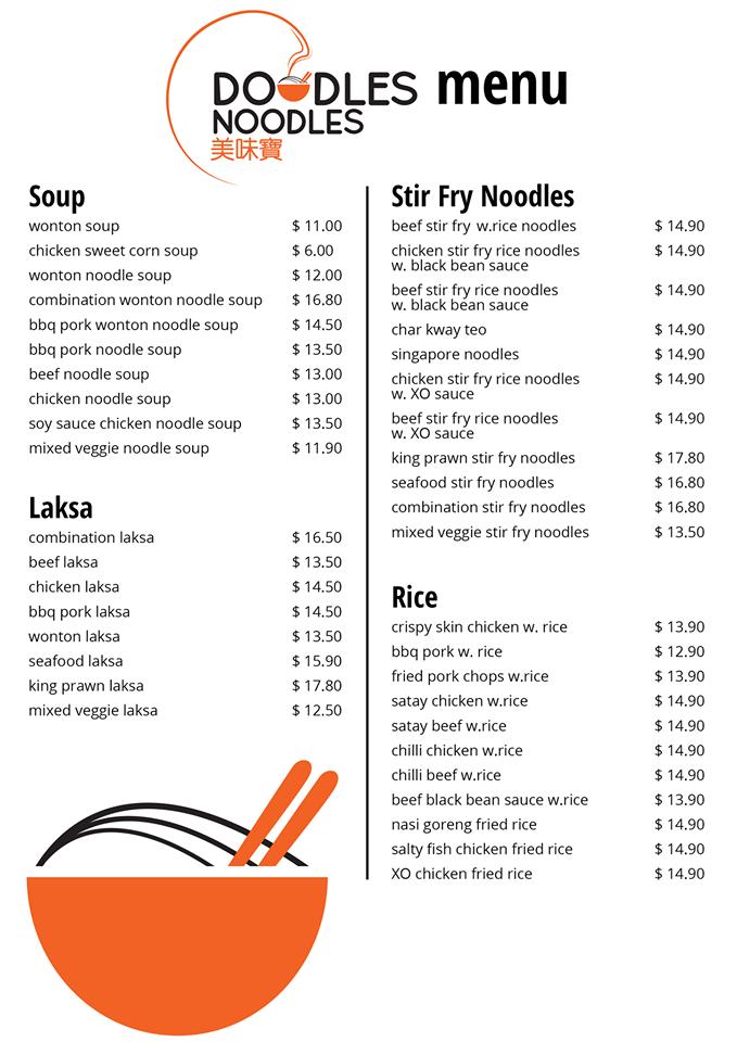 Menu at Doodles Noodles restaurant, Sydney, 1/209 Bathurst St