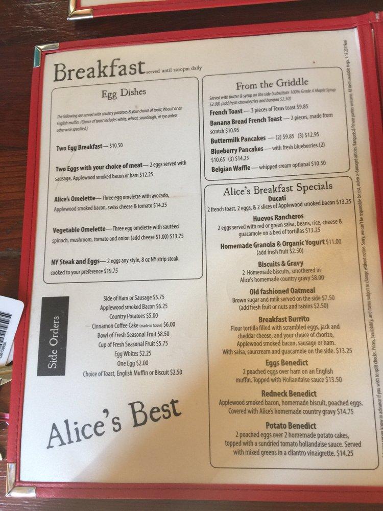 Menu at Alice's Restaurant, Woodside, Skyline Blvd