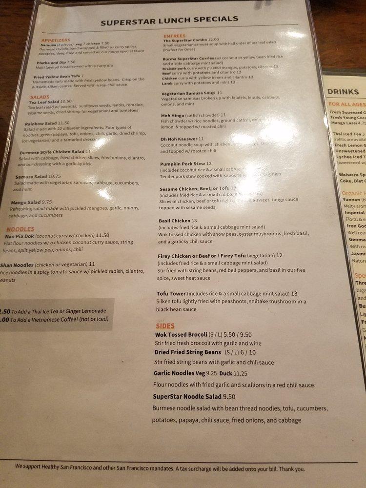 Menu at Burma Superstar restaurant, San Francisco, 309 Clement St