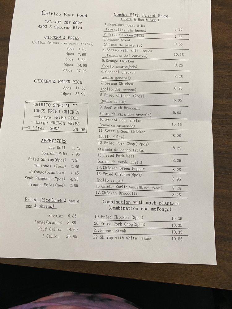 Menu at Chirico Fast Food, Orlando