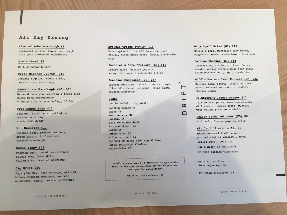 Menu at Drift @ Robe cafe, Robe
