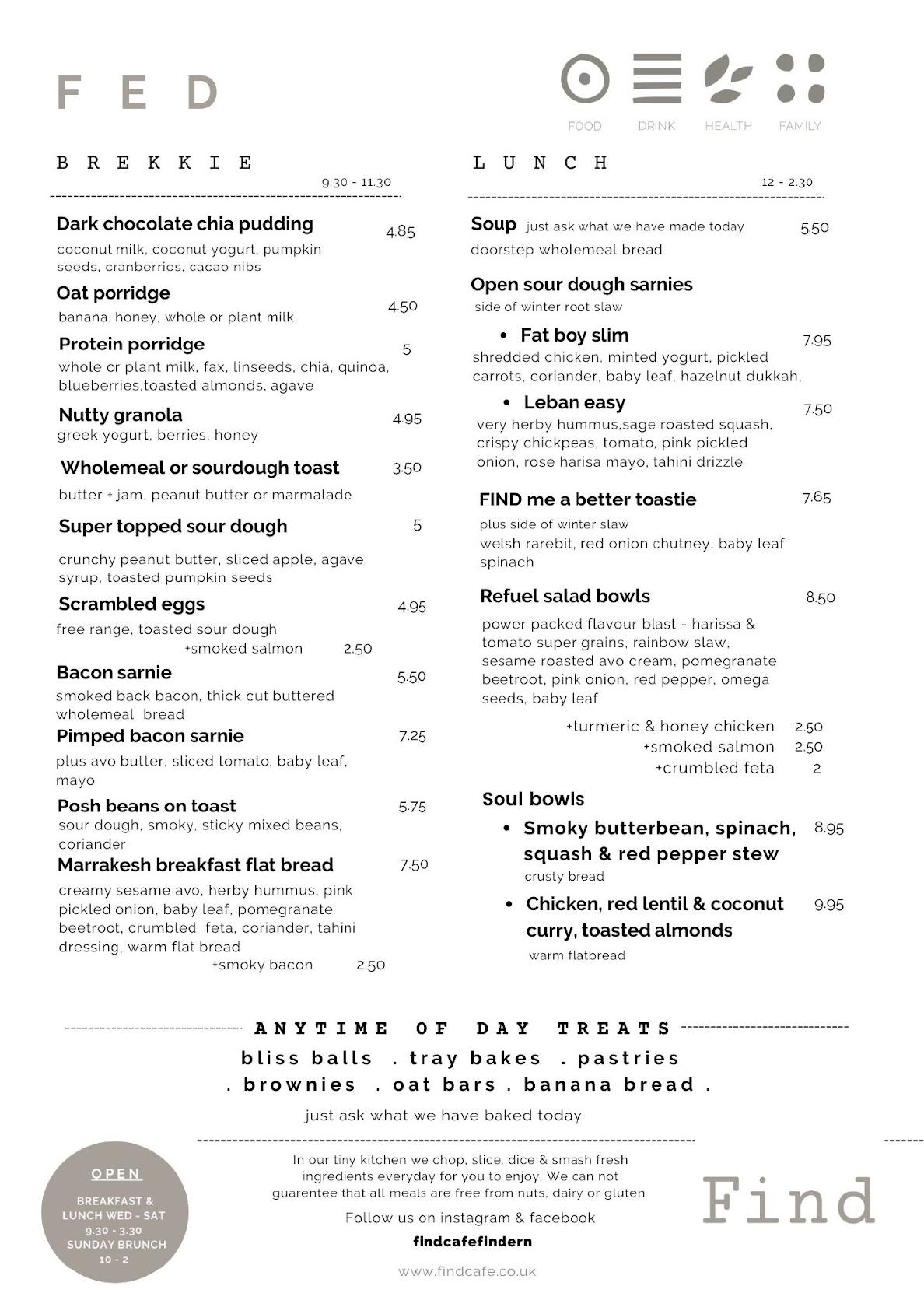 Menu at Find Cafe, Derby