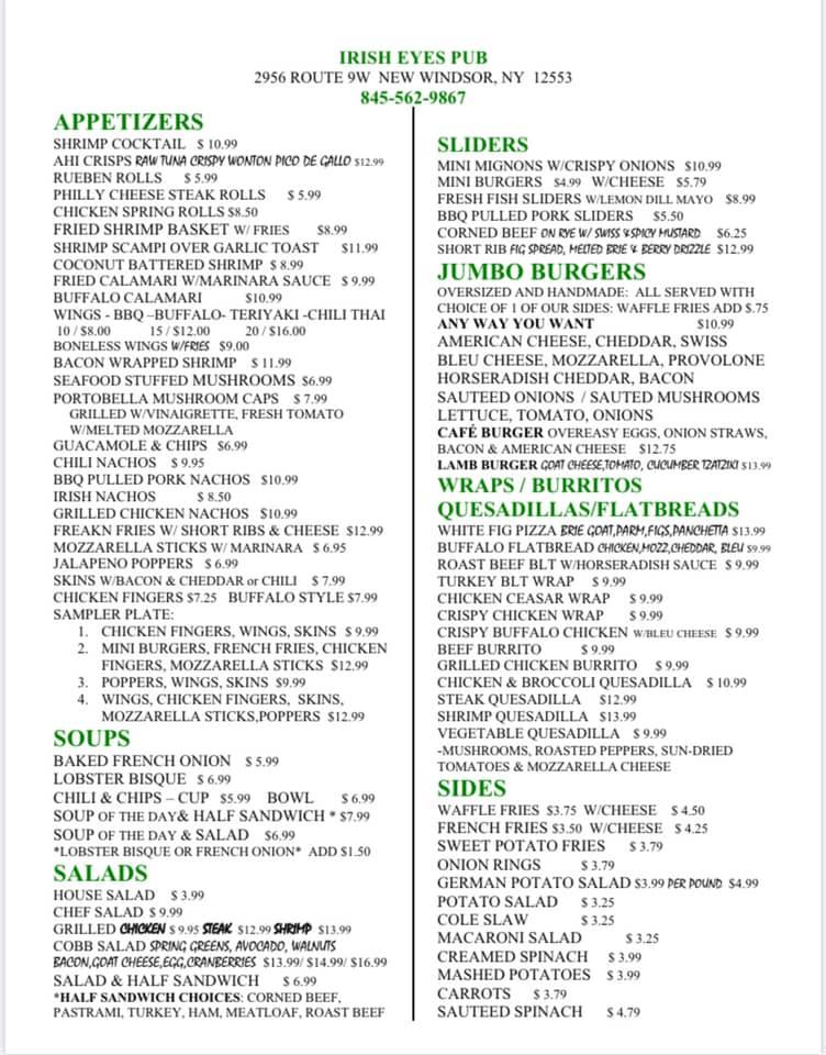 Menu at Irish Eyes Pub, New Windsor