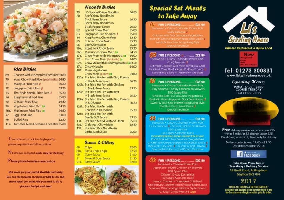 Menu at Li's Sizzling House restaurant, Brighton