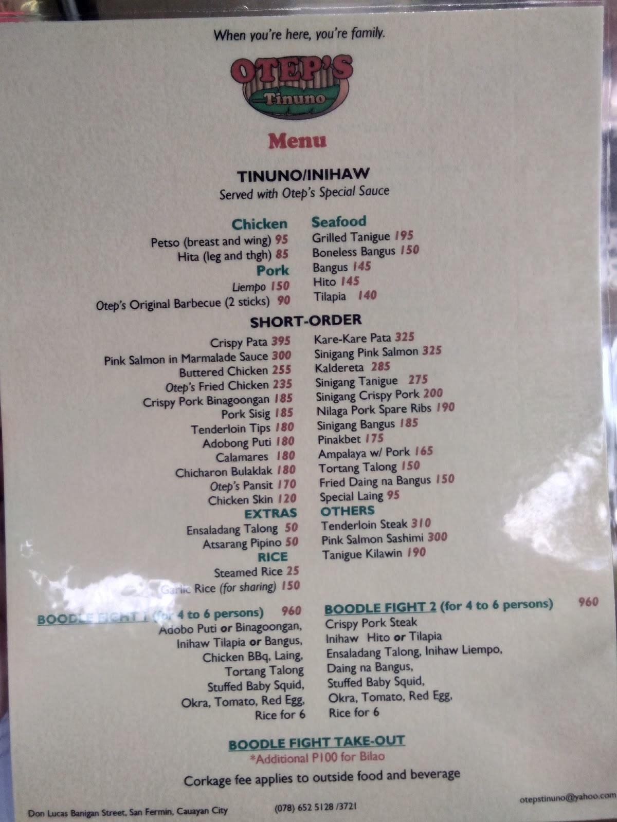Menu at Otep's Tinuno restaurant, Cauayan City