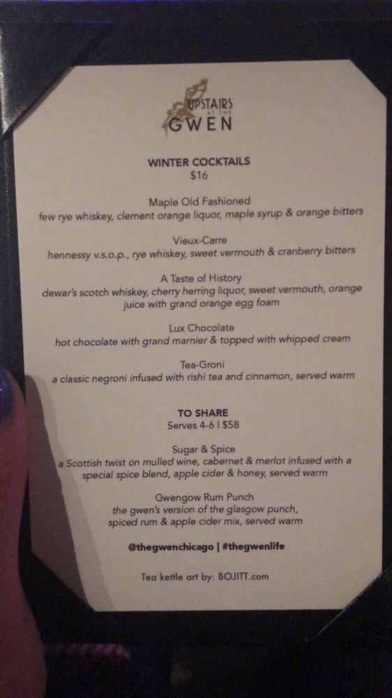 Menu at Upstairs at The Gwen pub & bar, Chicago