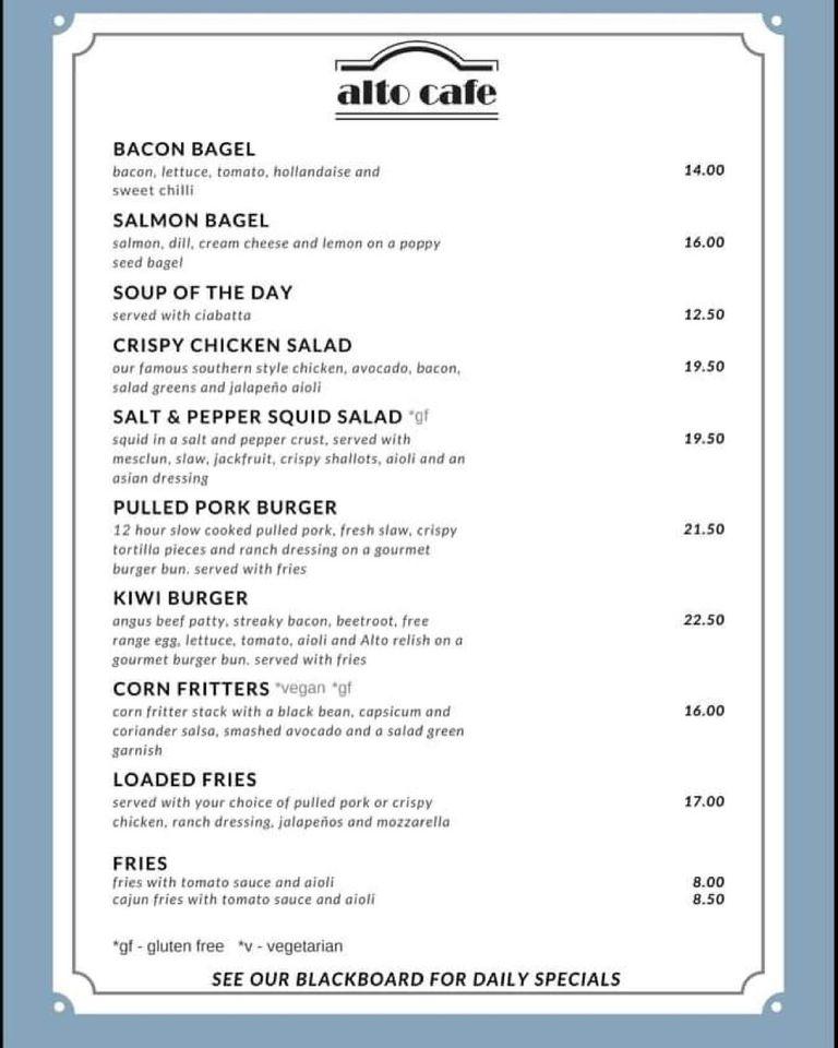 Menu at Alto Cafe, Dunedin