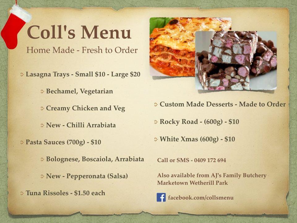 Menu at Coll's Menu restaurant, Edensor Park