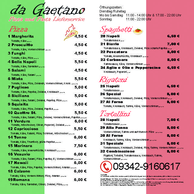 Speisekarte von da Gaetano Pizza und Pasta Lieferservice, Wertheim