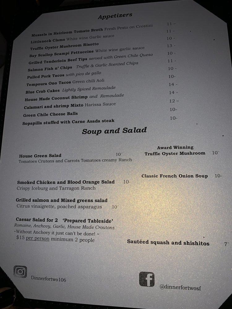 Menu at Dinner For Two Restaurant in Santa Fe, Santa Fe, 106 N ...