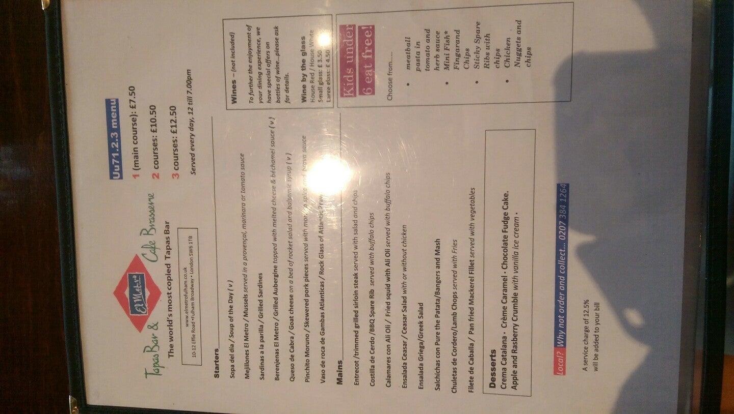 Menu at El Metro restaurant, London, 10-12 Effie Rd