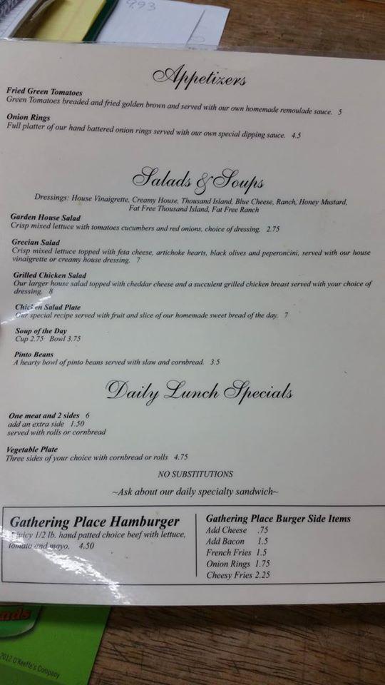 Menu at Gathering Place Cafe, Greeneville