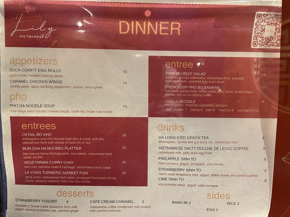 Menu at Lily restaurant, San Francisco