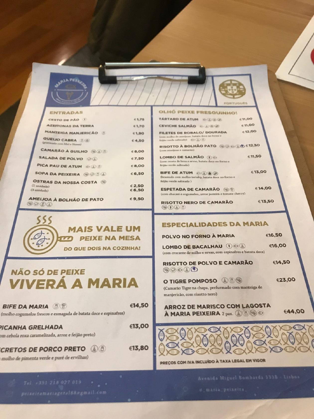 Carta del restaurante Maria Peixeira, Lisboa