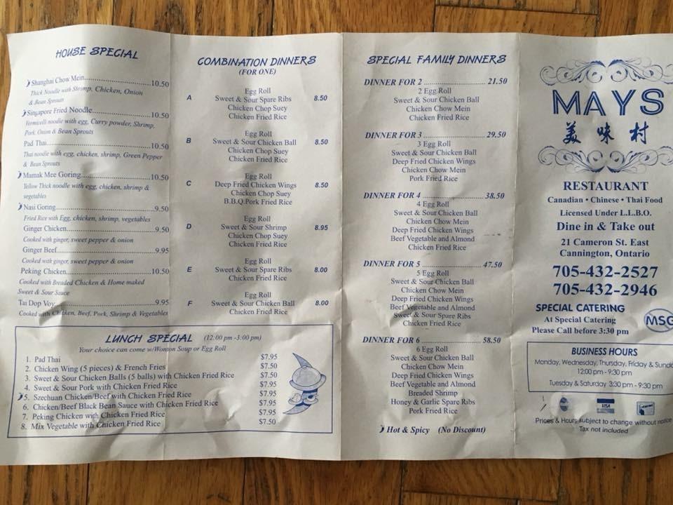 Menu at Mays Restaurant, Cannington