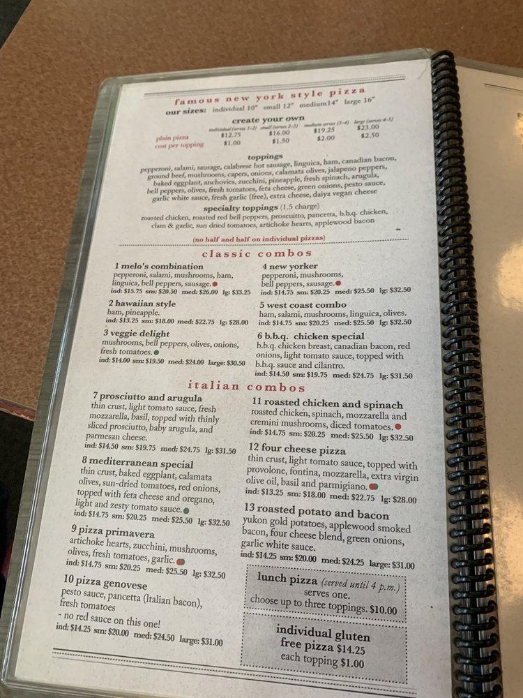 Menu at Melo's Pizza & Pasta Livermore pizzeria, Livermore