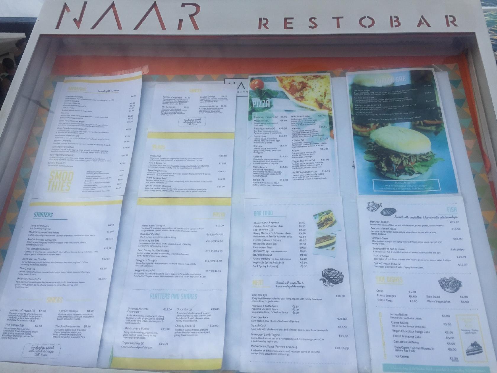 Menu at NAAR Restobar, Saint Julian's