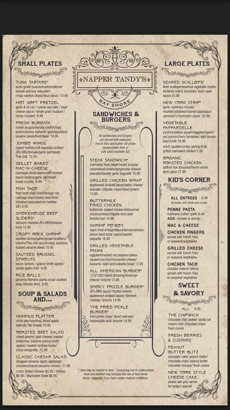 Menu at Napper Tandy’s pub & bar, Bay Shore