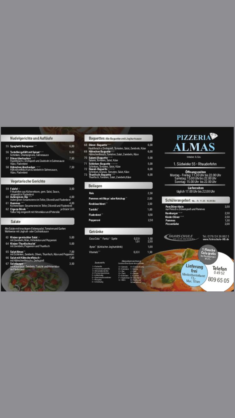 Speisekarte von Pizzeria Almas, Rhauderfehn, 1.Südwieke 55