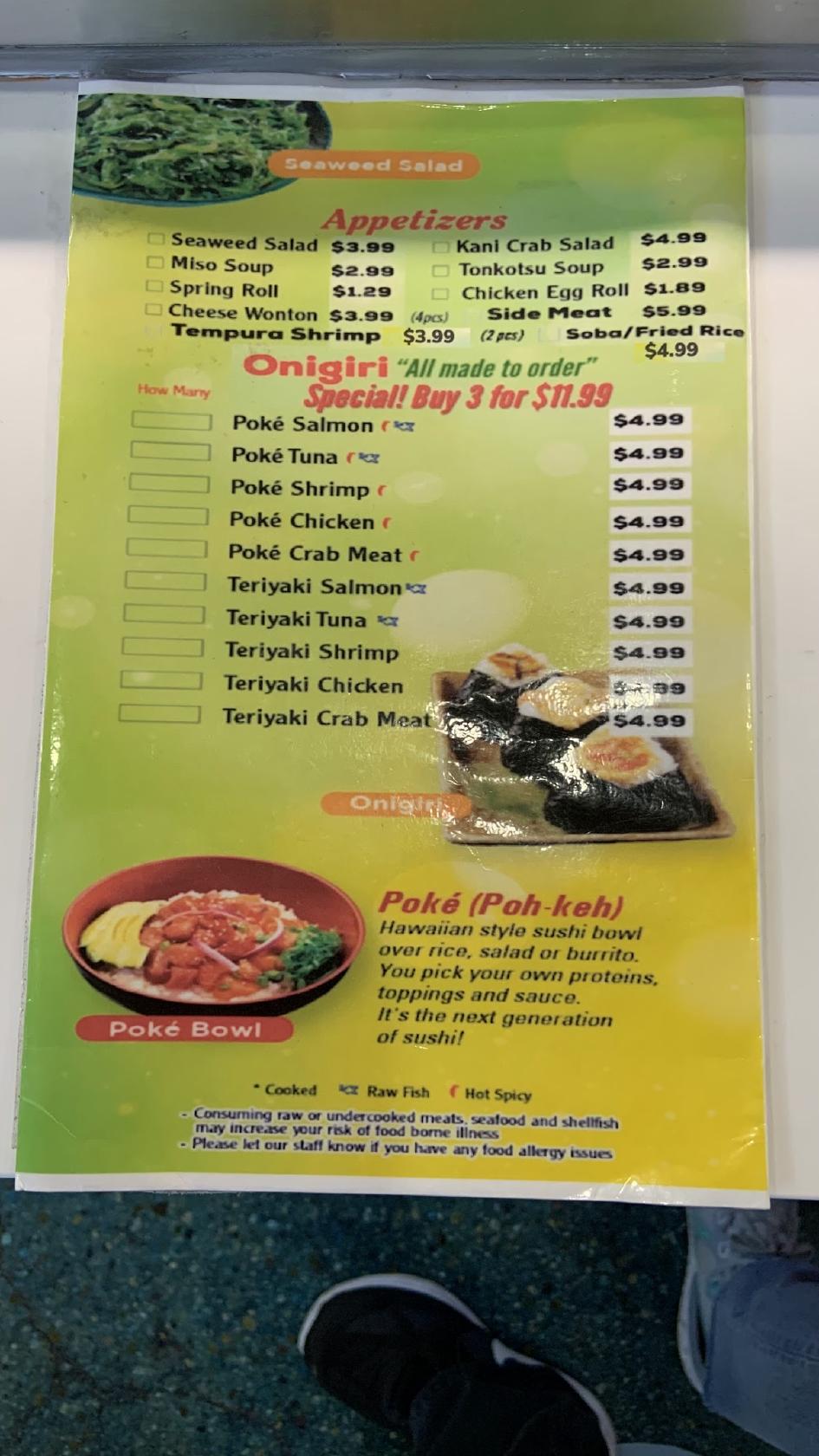 Menu at Poke n’ Ramen 360 restaurant, Ventura