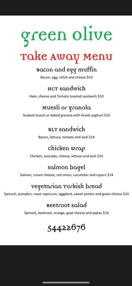 Menu at The Green Olive cafe, Bendigo, 11 Bath Ln