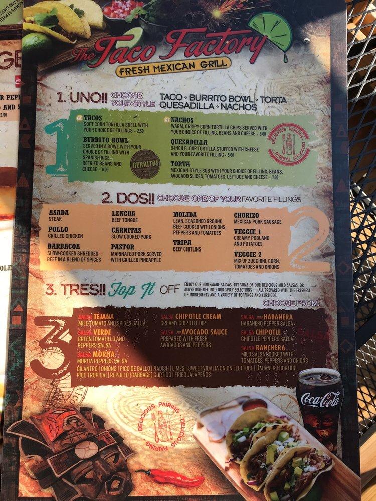 Menu at The Taco Factory restaurant, Rockingham