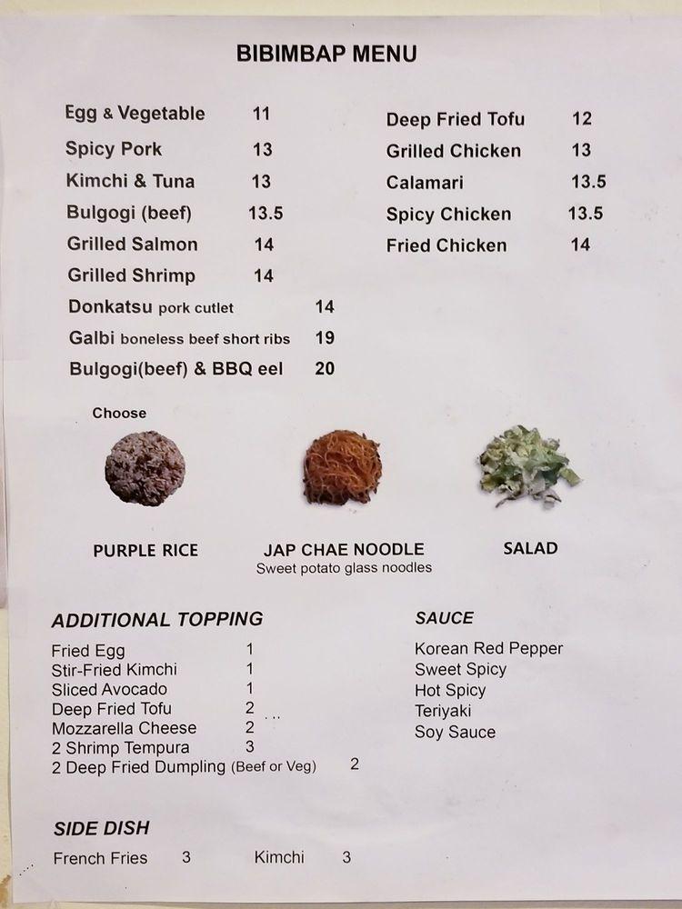 Menu at BOM Bibimbap restaurant, Toronto, 72 Gerrard St W