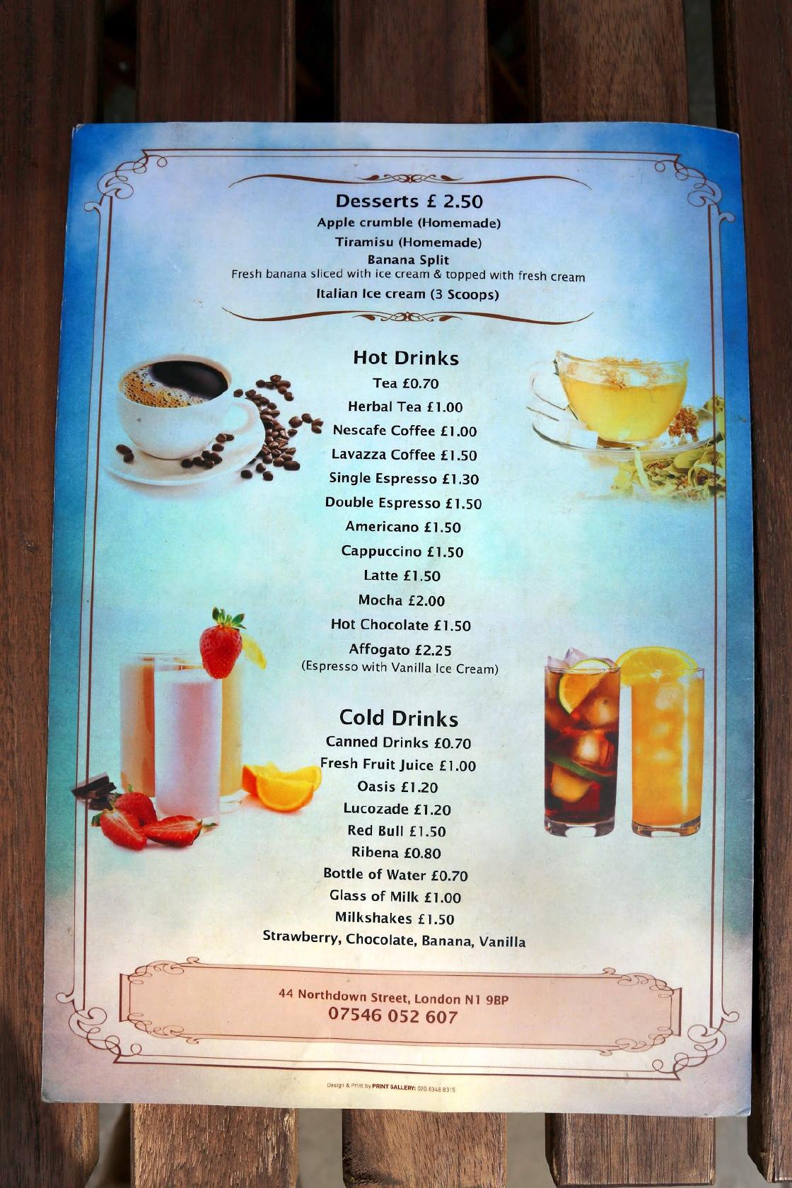Menu at Blue River Cafe, London, 44 Northdown St