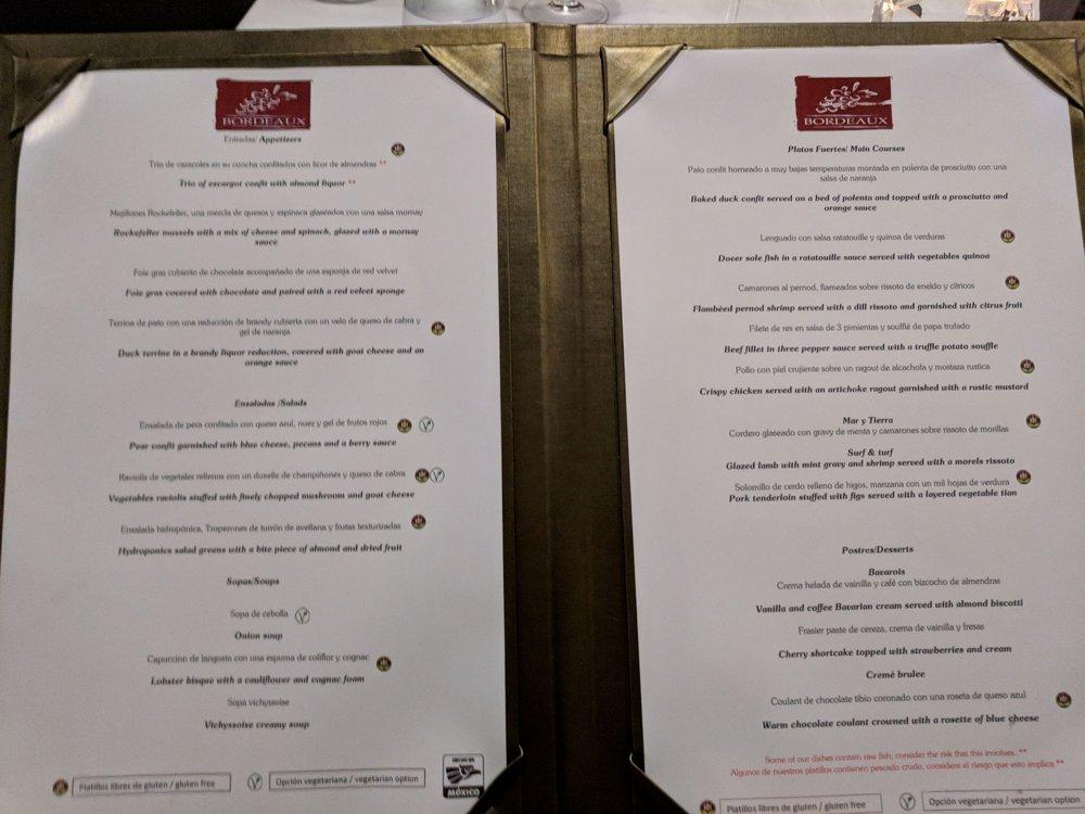 Menu at Bordeaux restaurant, Cancún, Calle 86 21
