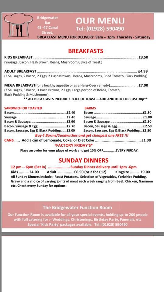 Menu at Bridgewater Bistro pub & bar, Runcorn