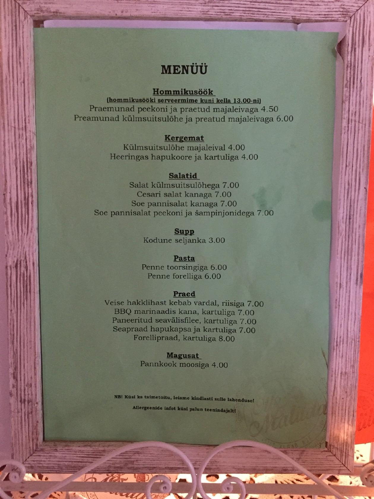 Menu at Ott&Matilda restaurant, Laulasmaa